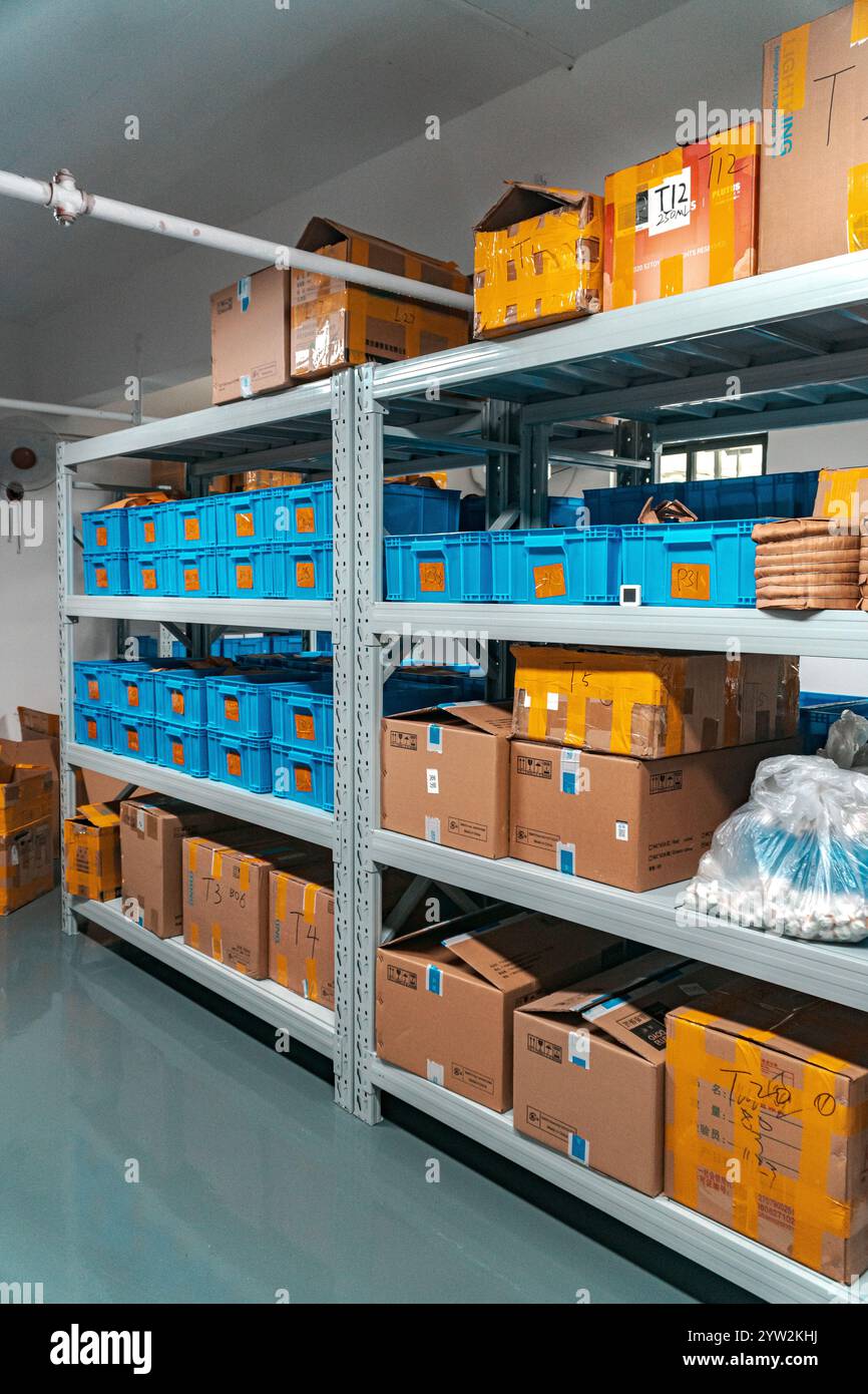 A neatly organized shelving unit situated in a spacious warehouse ...