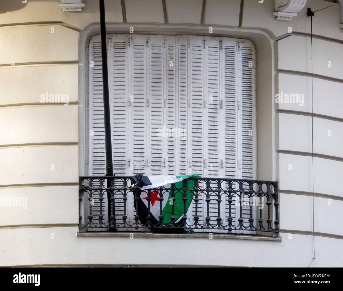 The rebel flag at the Syrian embassy in Madrid, December 9, 2024, in ...