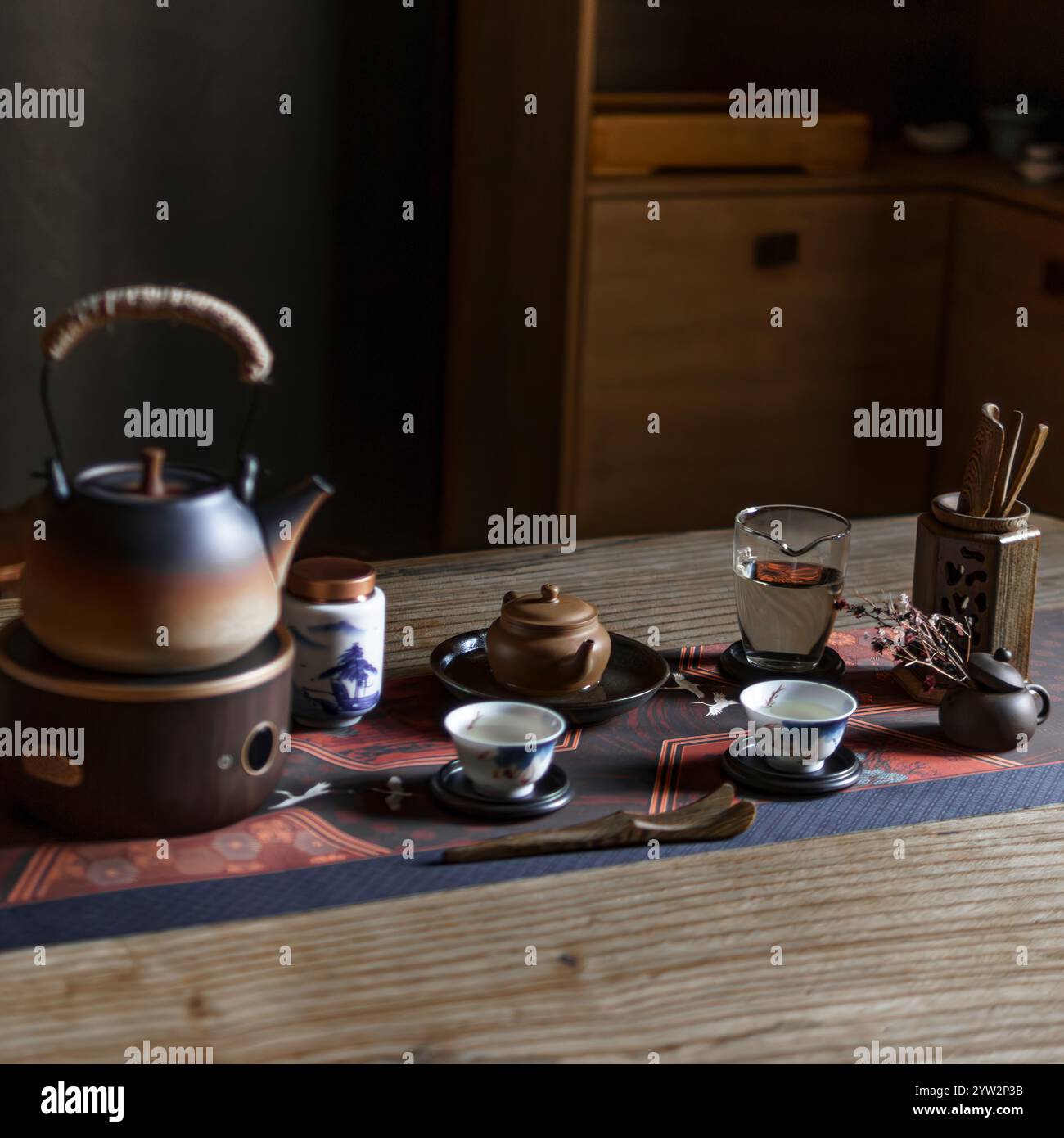 A stunning traditional teaware display creates a calming atmosphere for ...