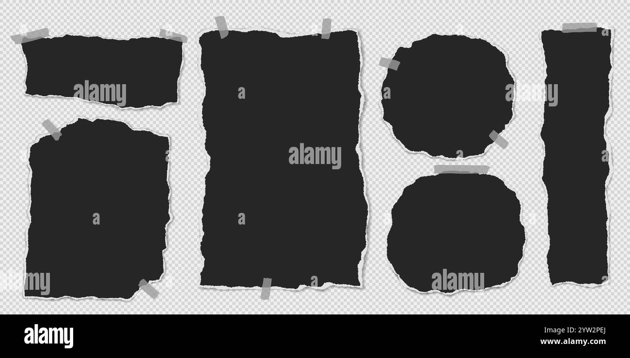 Set of torn black note paper pieces with sticky tape are on transparent ...
