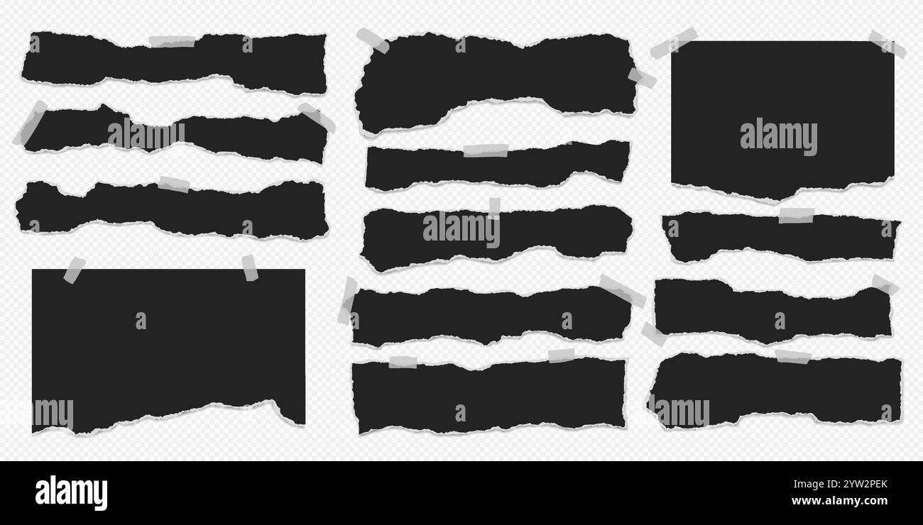 Set of torn black note paper pieces with sticky tape are on transparent ...