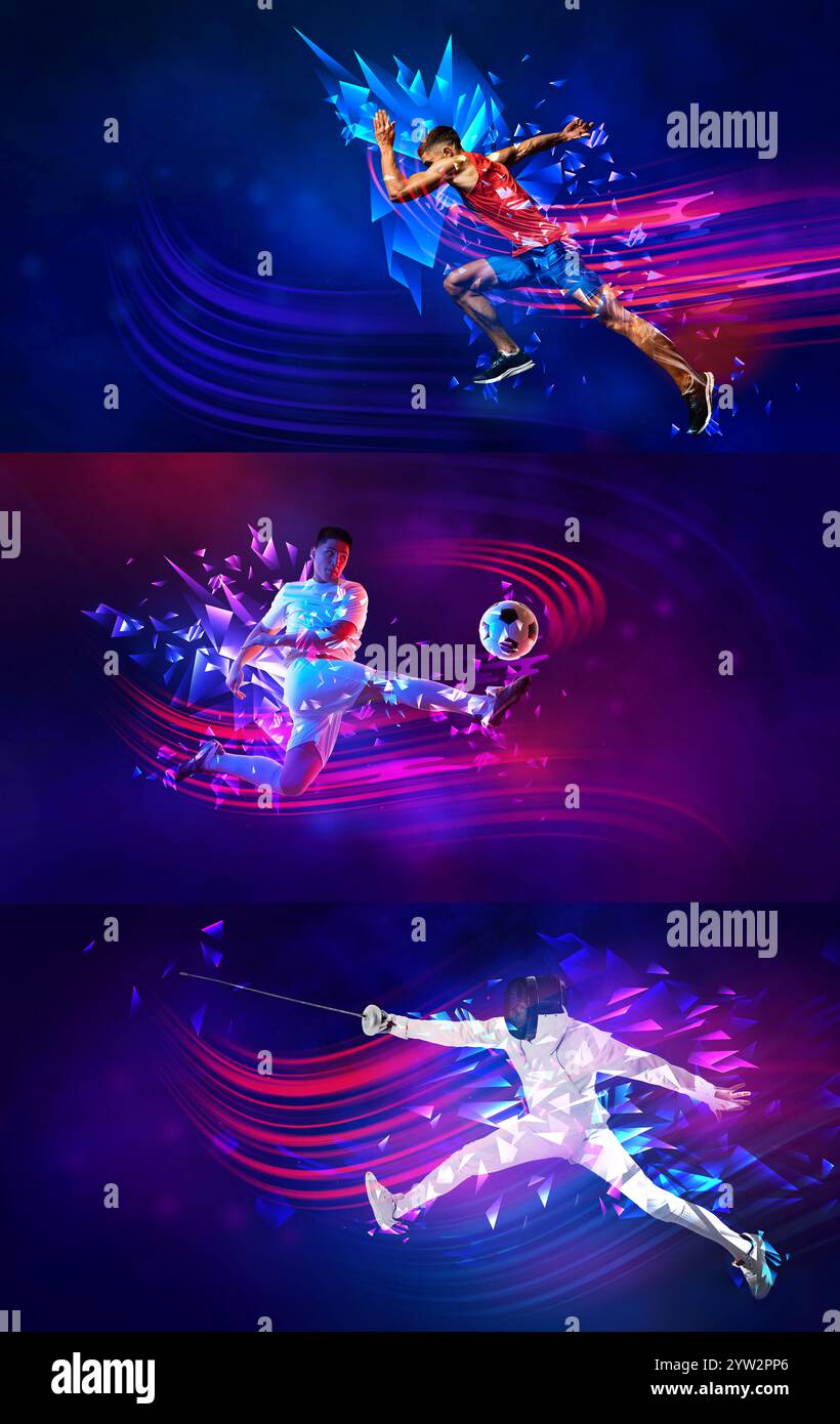 Collage. Sprinter in motion, with his form breaking into polygonal ...