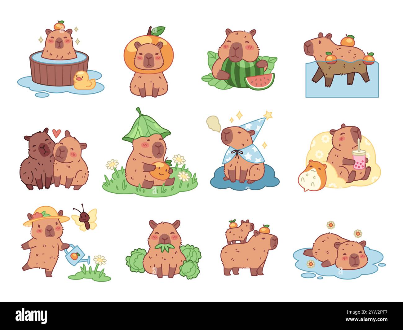 Funny capybaras. Happy exotic comic animals, cute biggest rodents, different poses, actions and ...