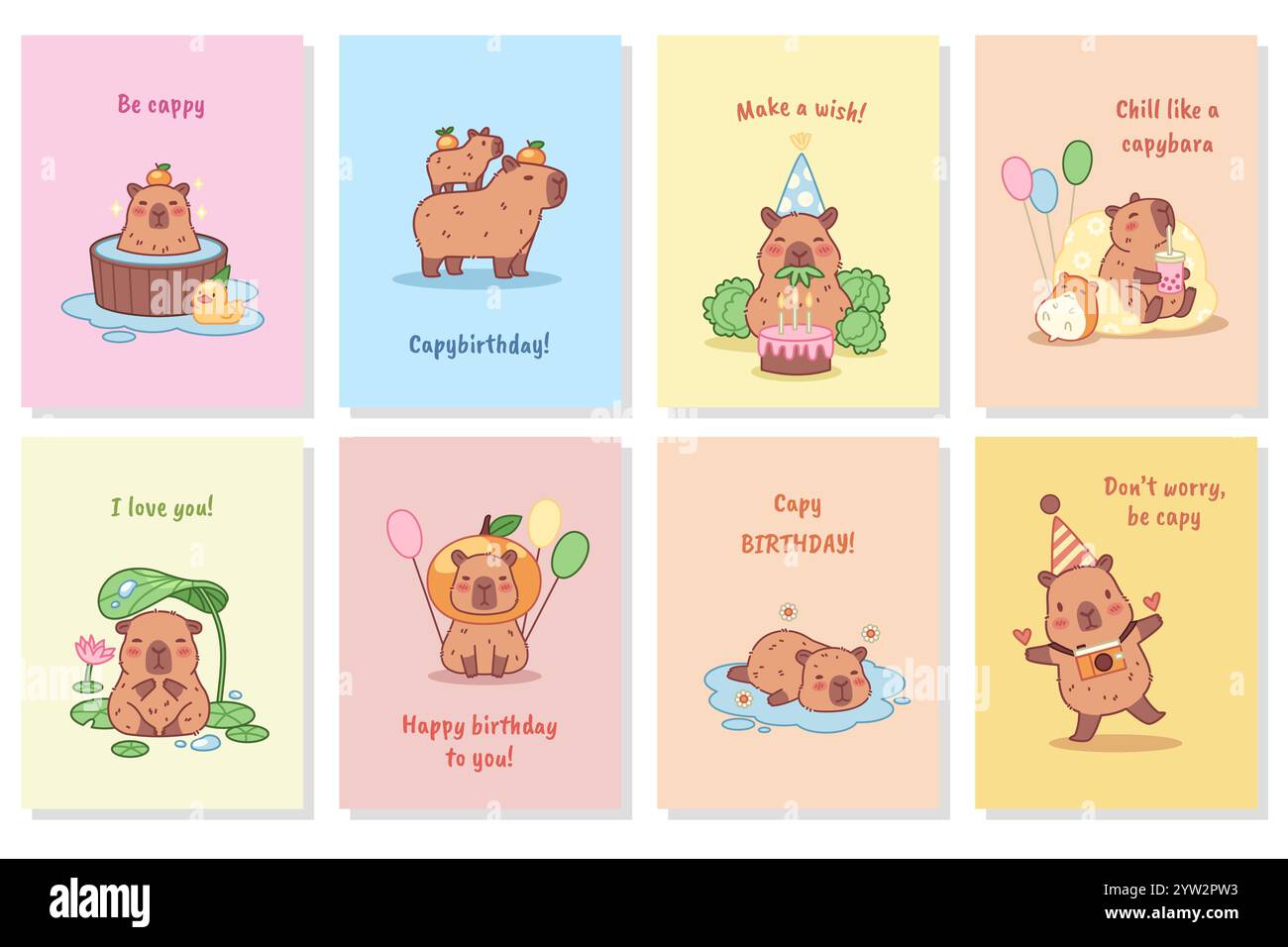 Funny capybaras birthday cards. Cute exotic animals, cartoon biggest rodents characters, kawaii ...