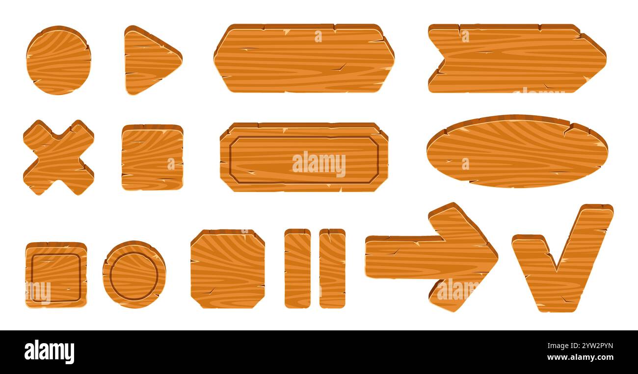Cartoon wooden game buttons. Text underlays different shapes, blank ...