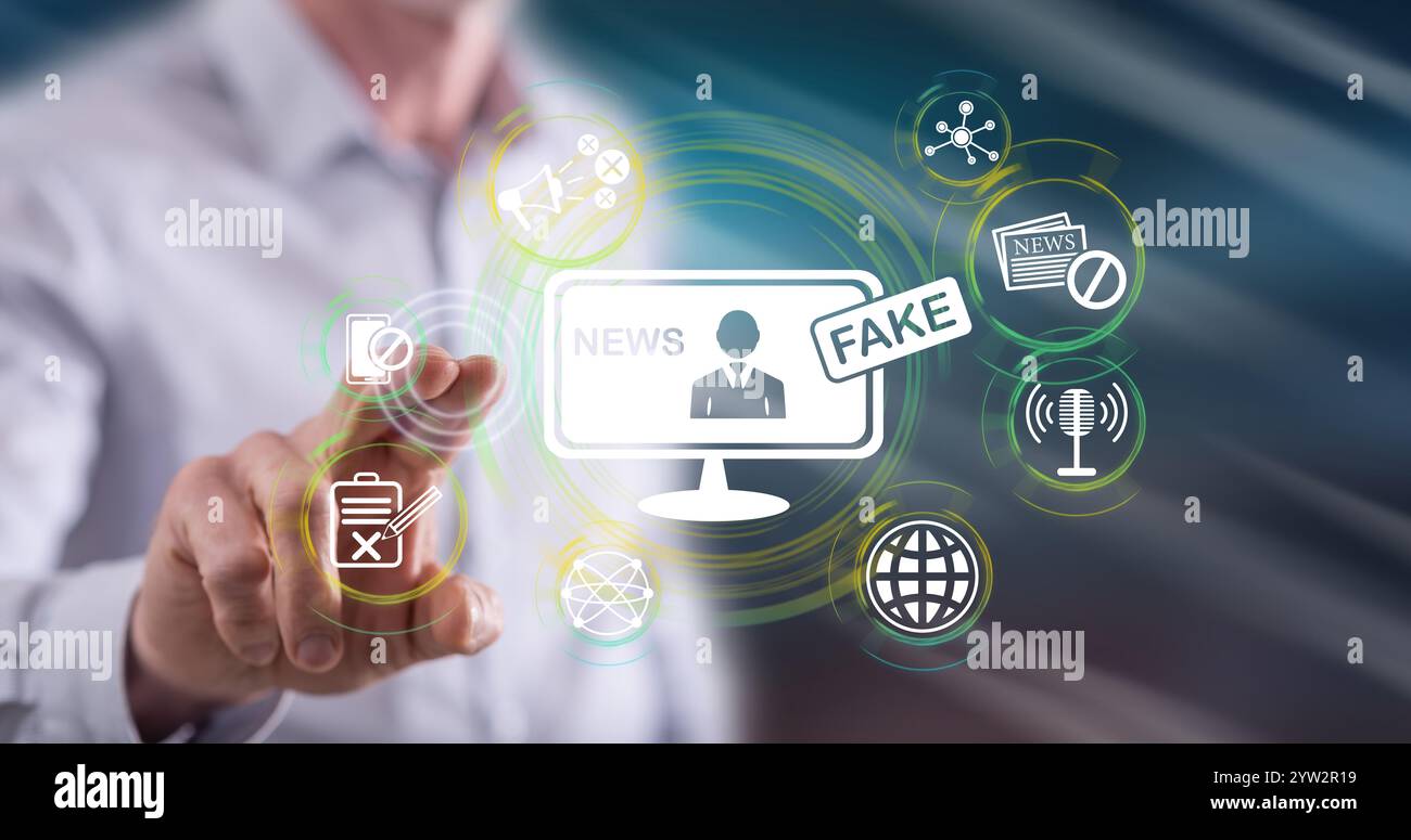Man touching a fake news concept on a touch screen with his finger ...
