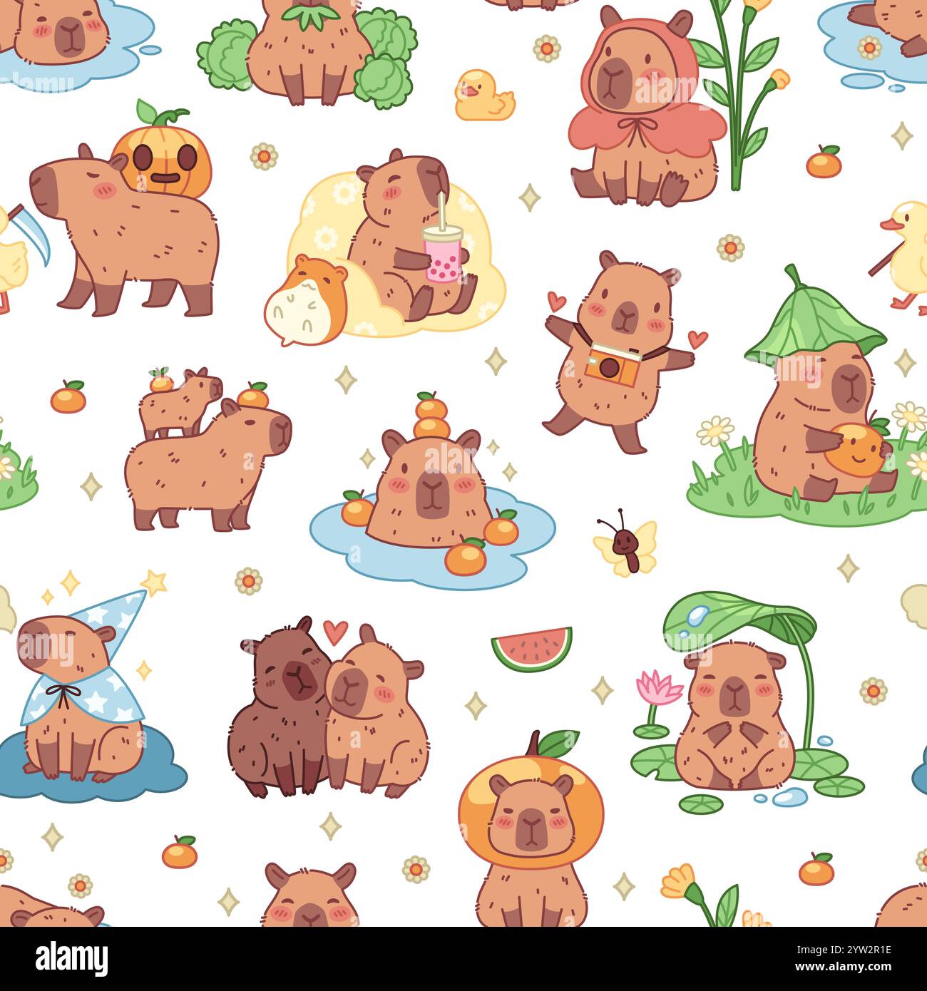 Cartoon happy capybaras seamless pattern. Funny exotic animals ...