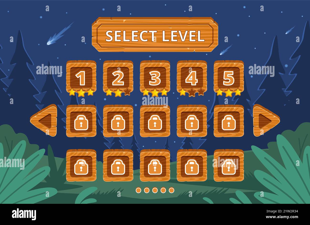 Adventure video game night interface. Wooden buttons and level screen ...