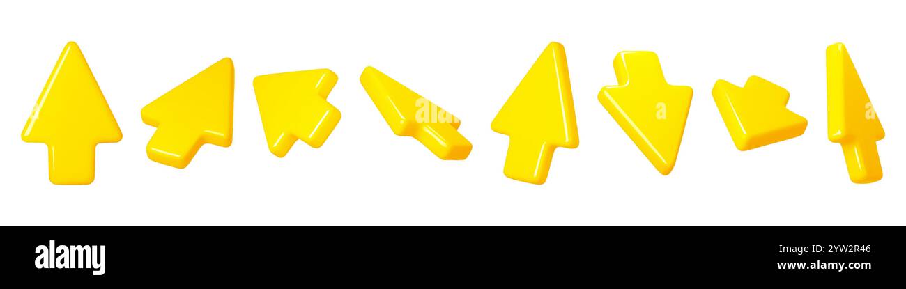 3d click cursors. Three dimensional objects, yellow arrows, different angles and directions ...