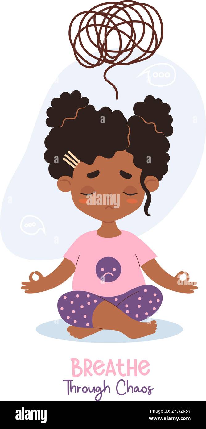 Thoughtful sad afro american curly girl sits in lotus pose meditates ...