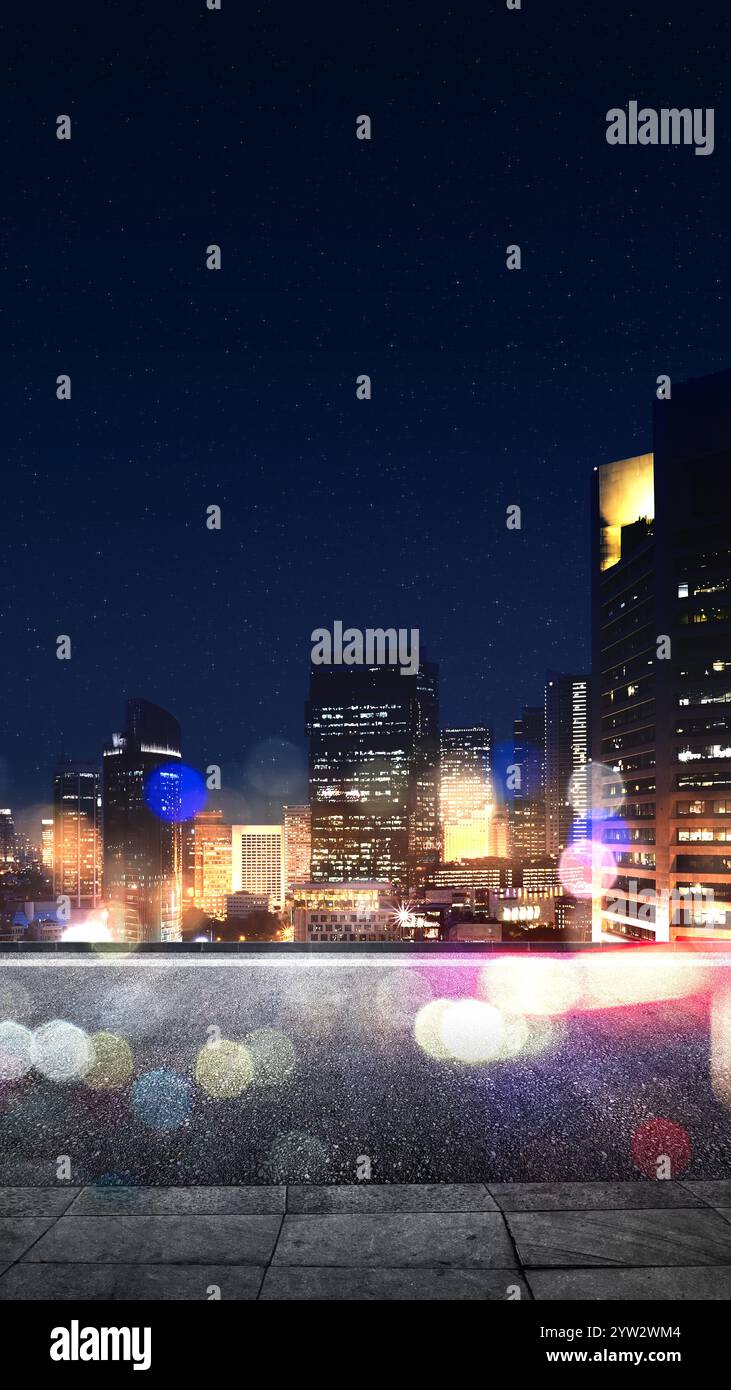 Empty rooftop with view of modern building skyscrapers and futuristic ...