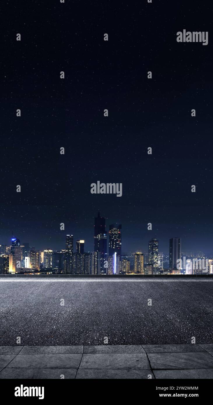 Empty rooftop with view of modern building skyscrapers and futuristic ...