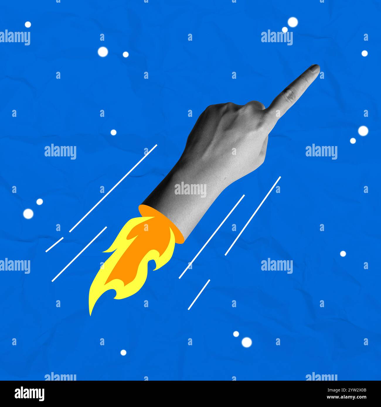 The human hand is raised to the sky with a pointing gesture and flames ...