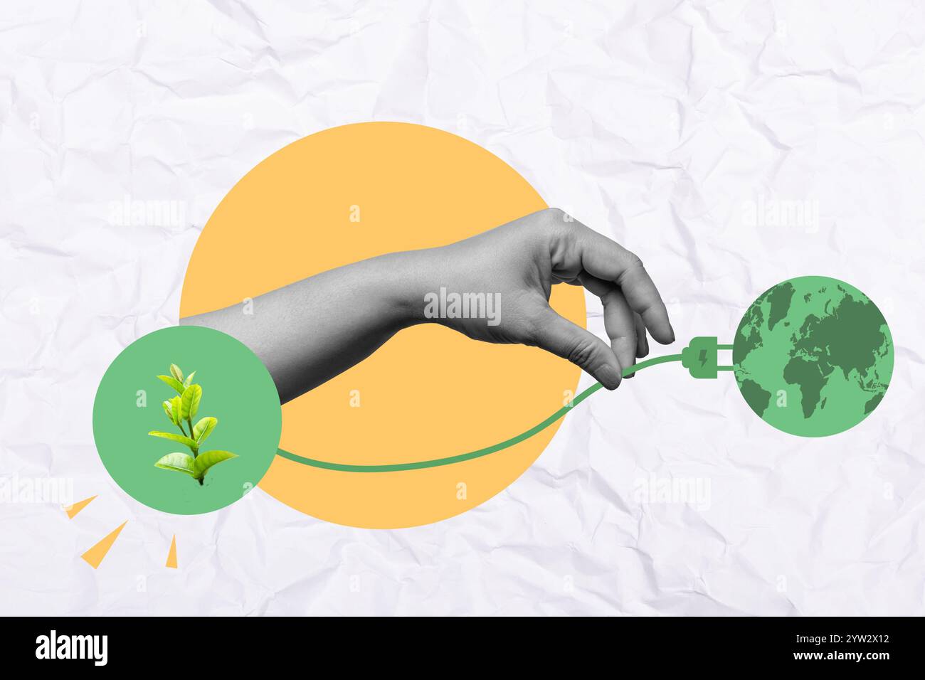 Human hand plug the electric cable from green plant to green earth on a ...