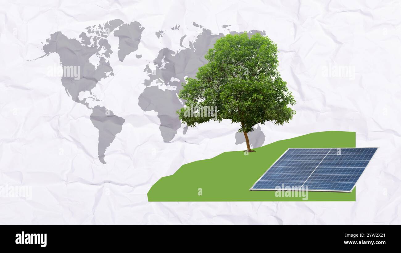 Solar cell on the green fields on a colored background. Concept of ...