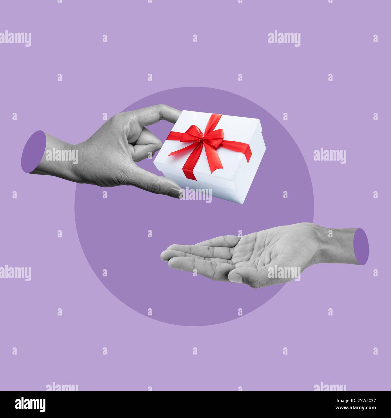 Human hand give gift boxes to other with colored background. Collage ...