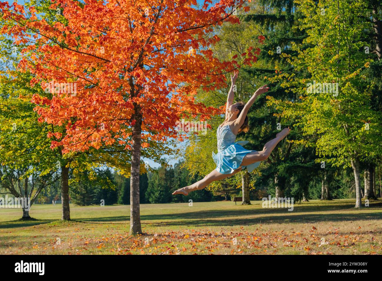Ballet dancer performing a jump in a park with vibrant autumn foliage ...