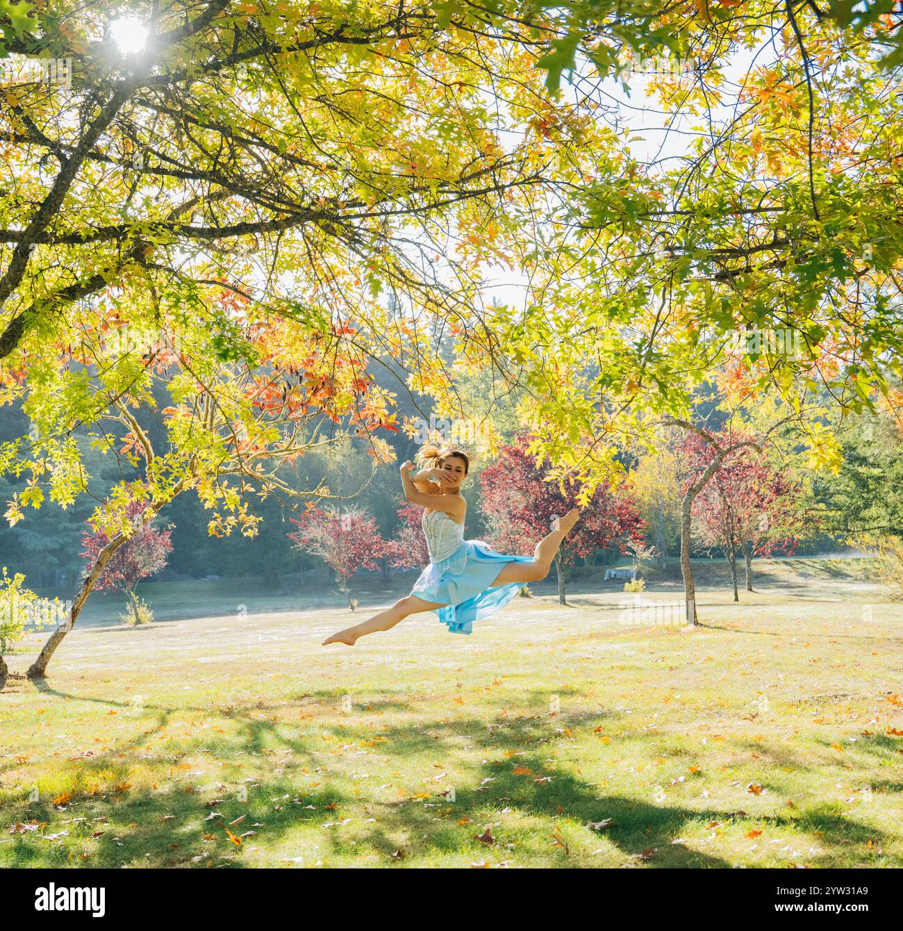 Young ballerina dancing under a canopy of autumn leaves with sun rays ...
