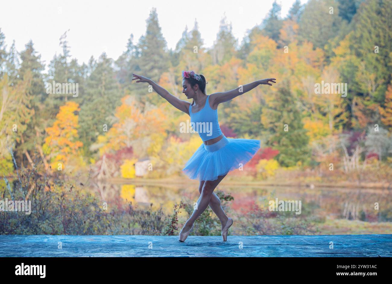 Ballerina dancing outdoors with a backdrop of autumn foliage Stock ...