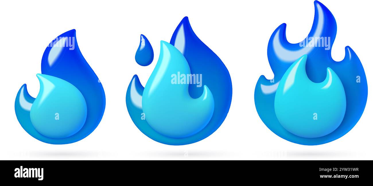 Blue flames 3d icons collection. Gas burning emoji. Three dimensional ...