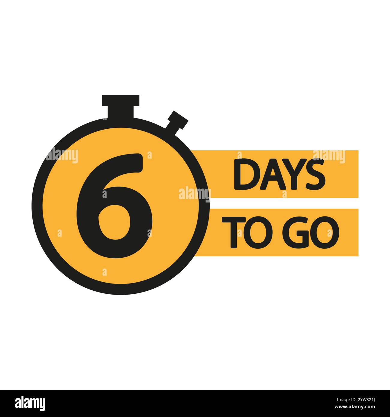 Countdown timer icon. Number six focus. Bold 6 days to go text. Yellow ...