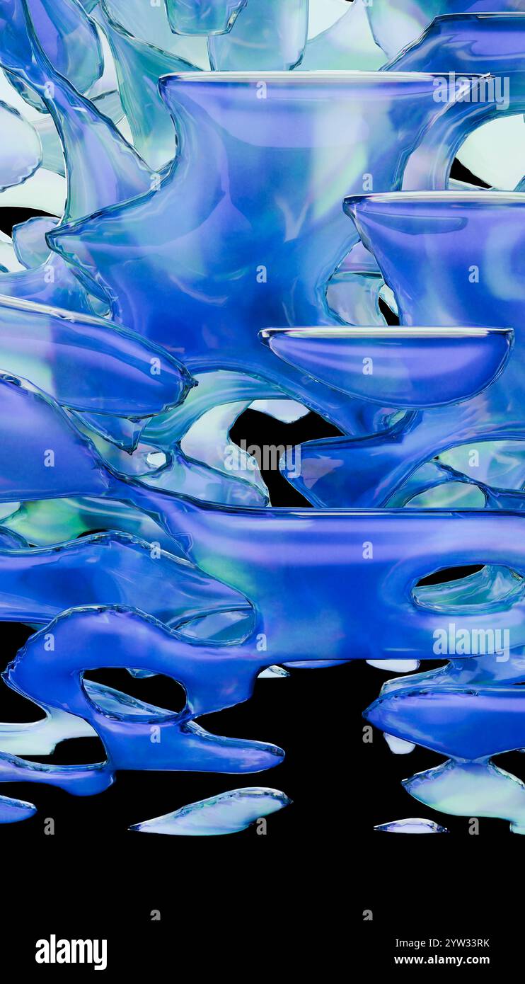 Abstract image of blue iridescent glass shards with a fluid and glossy ...