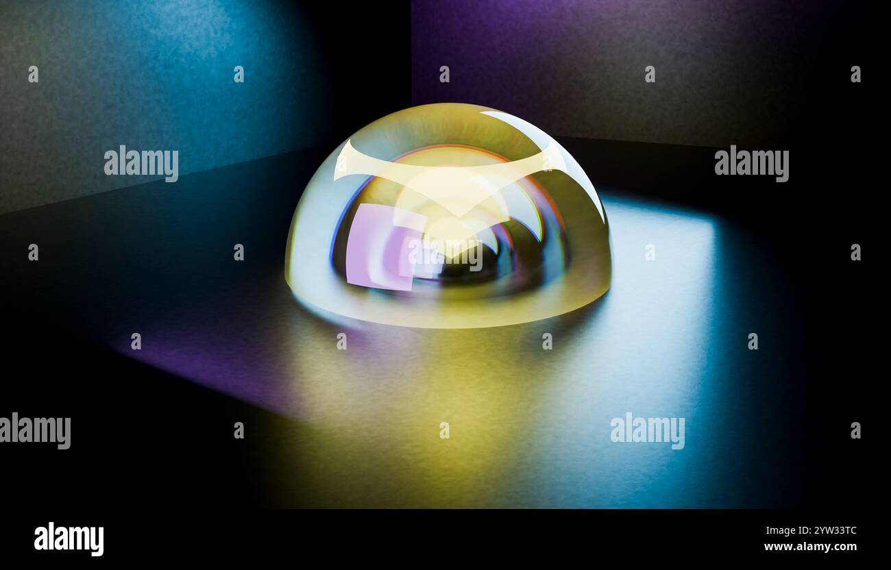 A colorful, iridescent glass paperweight reflects light on a smooth ...