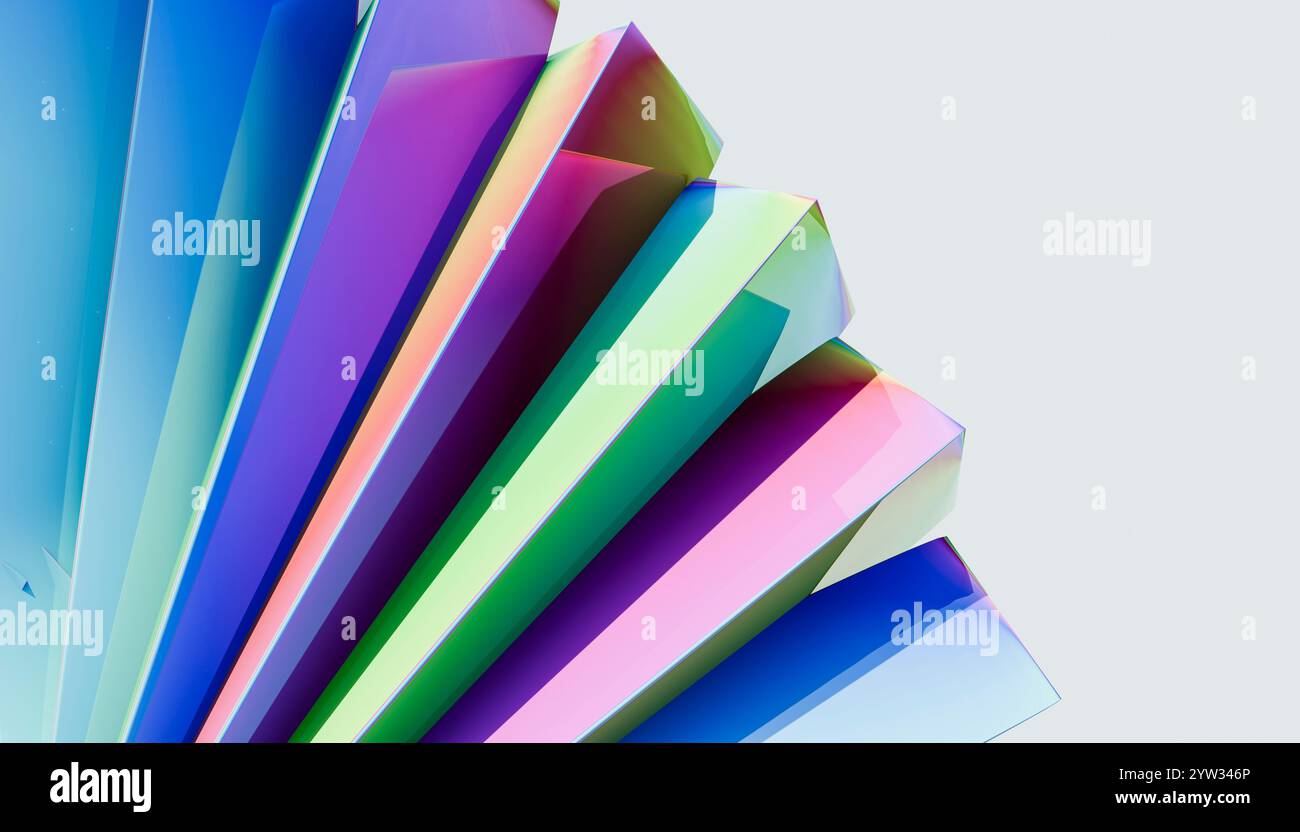 A stack of colorful paper fans displayed against a light blue ...