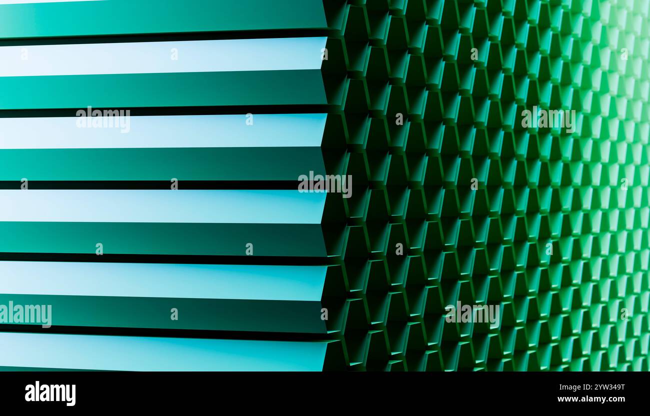 Gradient of green shades across a modern geometric wall of triangular patterns creating an ...