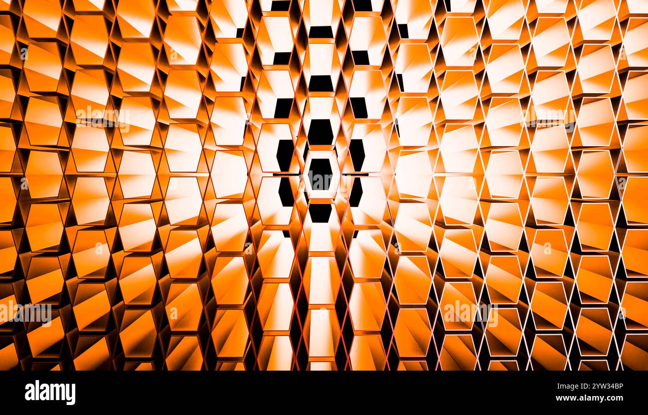 Abstract orange geometric wall with a pattern of protruding cube-like shapes creating a three ...