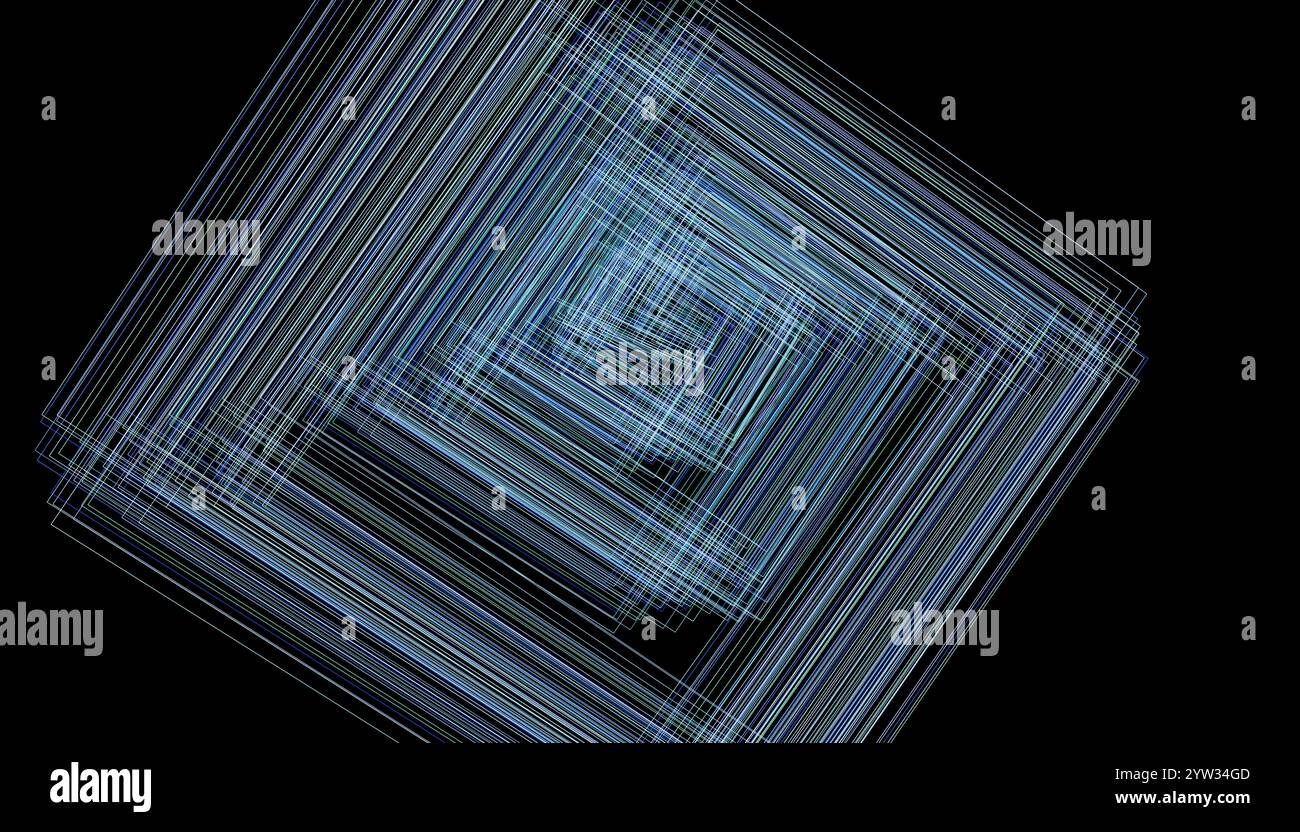 Abstract digital art of blue lines forming concentric square patterns on a black background ...