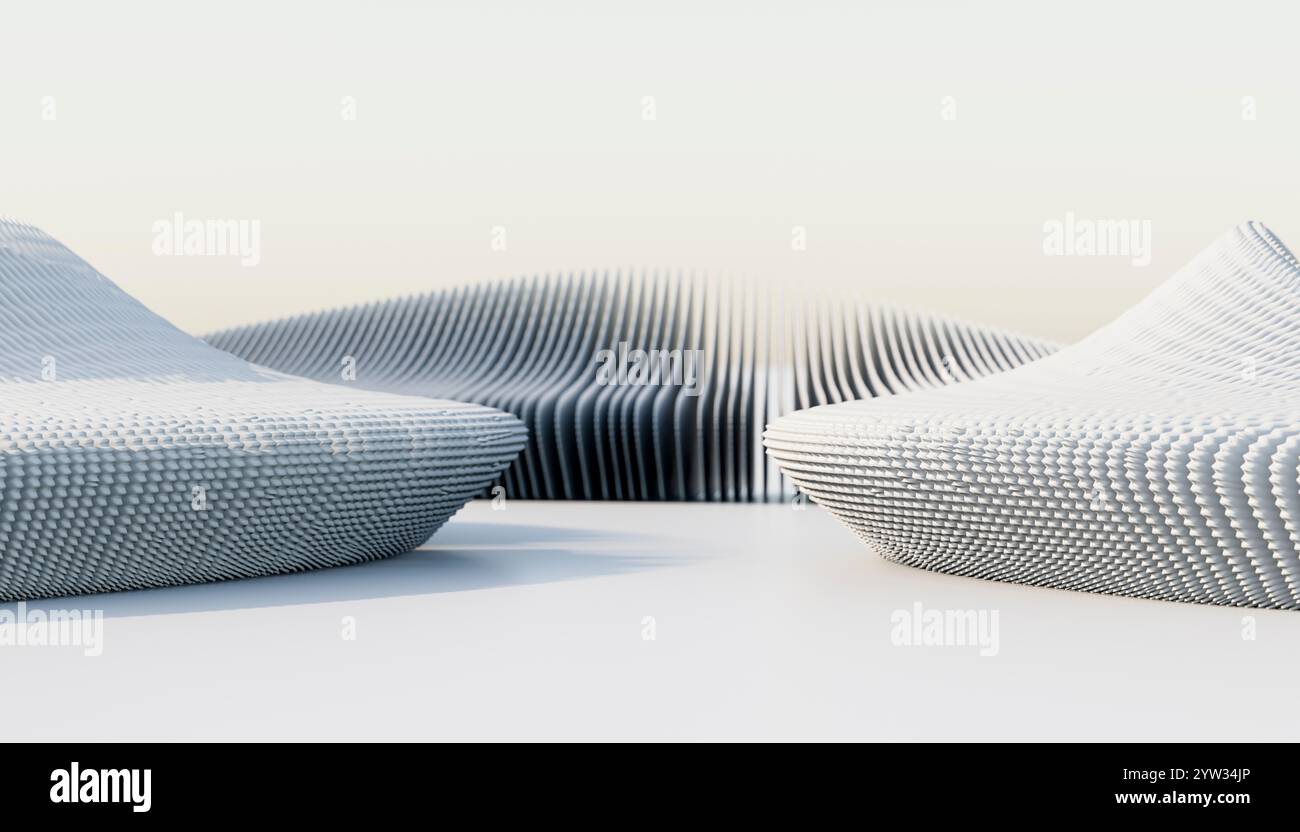 White undulating benches with a textured surface in a minimalist ...