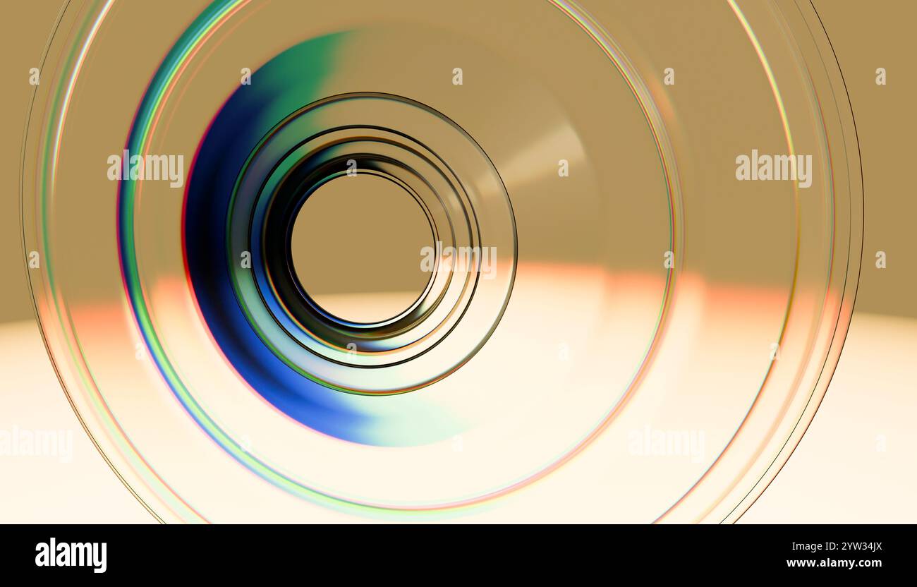 Abstract image of concentric circles creating a tunnel effect with rainbow refractions and a ...