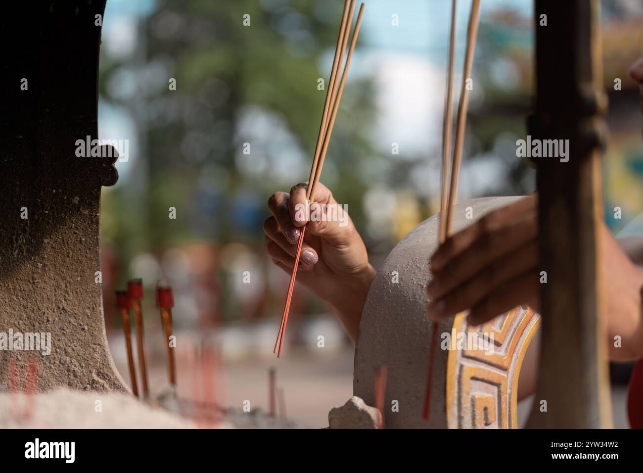 Celebrating chinese new year with rituals temple outdoor close-up ...