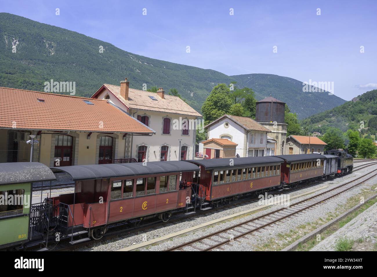 Historic train with steam locomotive at Annot station, Alpes-de-Haute ...