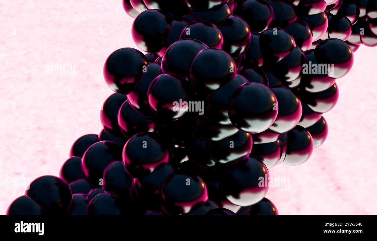 Black reflective spheres of varying sizes form a clustered structure on ...