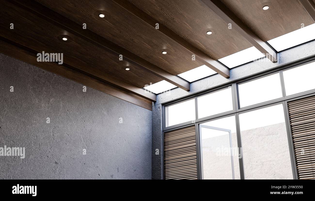 Illustration of a modern interior with wooden ceiling, recessed ...