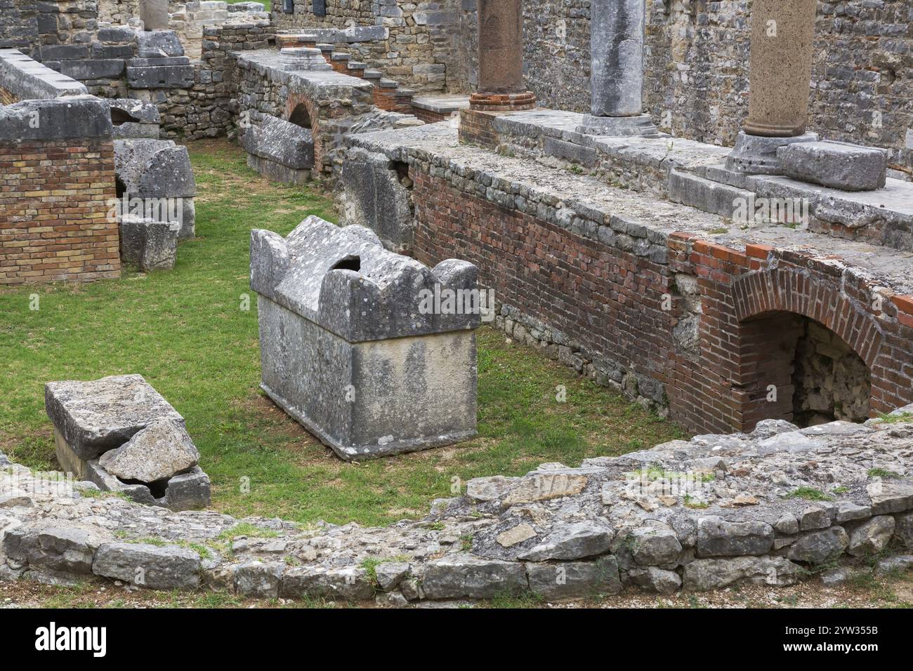 High angle view of old semi circle grey stone structure, terracotta ...