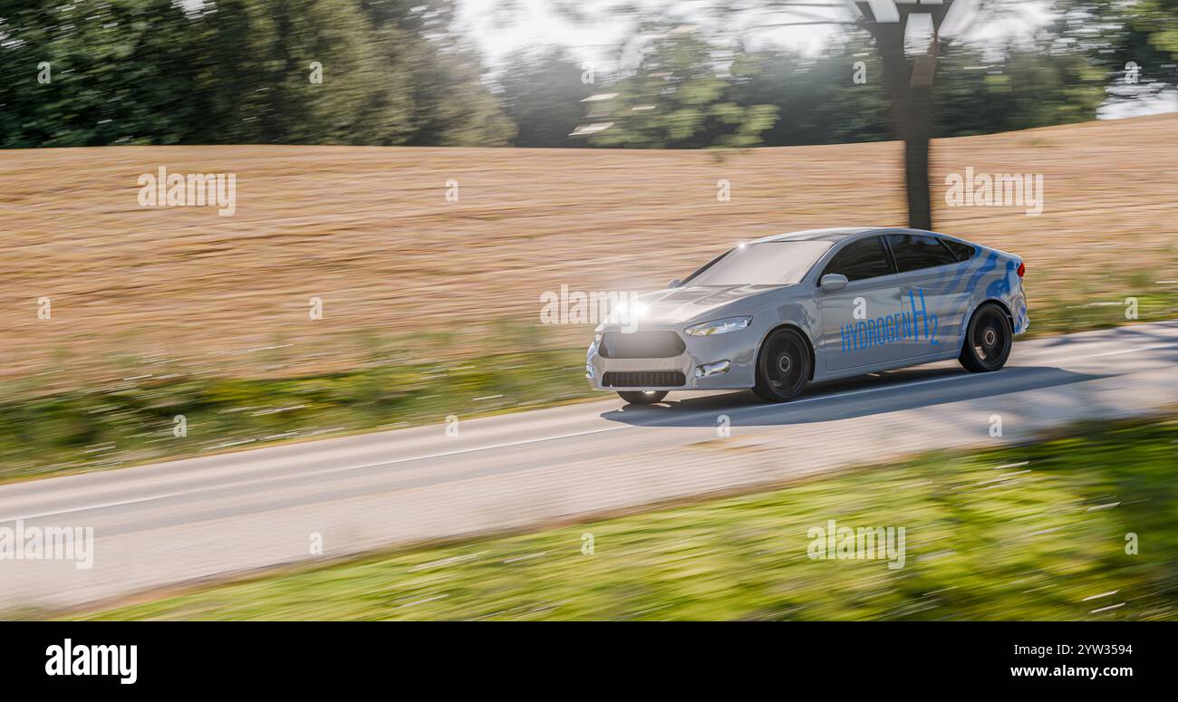A modern hydrogen-powered car in motion, driving on a scenic road. A ...