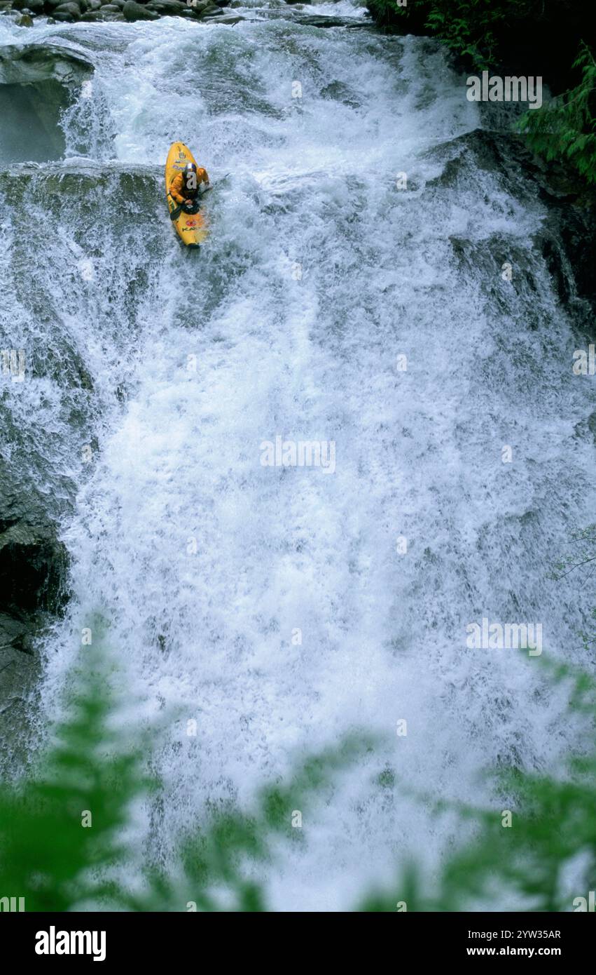 A kayaker maneuvering down a waterfall, Washington, USA Stock Photo - Alamy