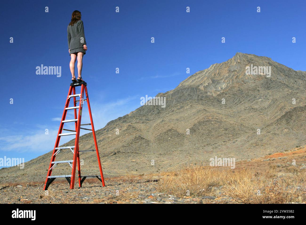 A woman stands on top of a ladder in front of a mountain, Death Valley ...