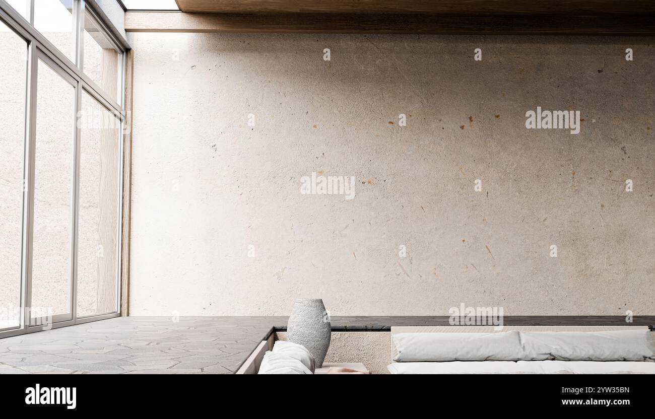 Illustration of a minimalist bedroom interior with a low bed, white ...