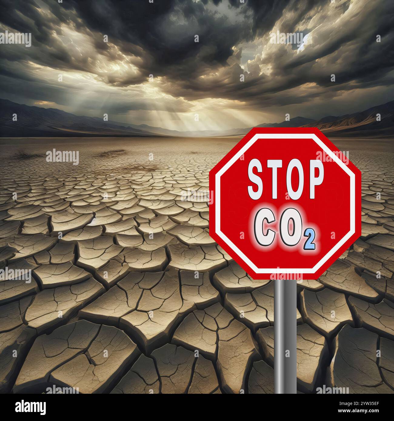 A stop sign with the inscription CO2 stands in a dry, cracked desert ...