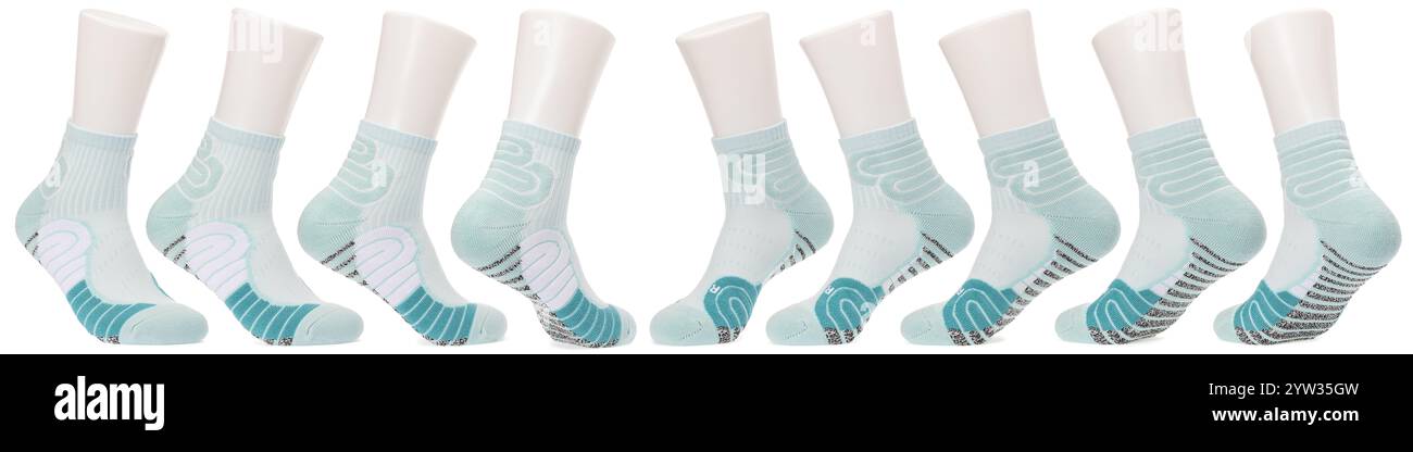 Blue athletic mid-crew sock in multiple angles on foot mannequin ...