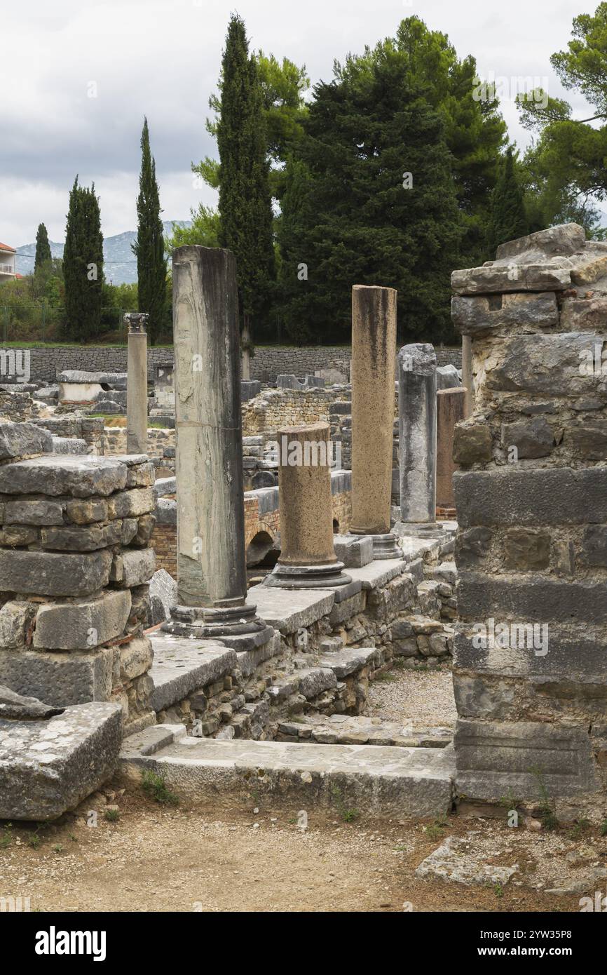 Old stone wall structure with door step, marble and granite columns at ...