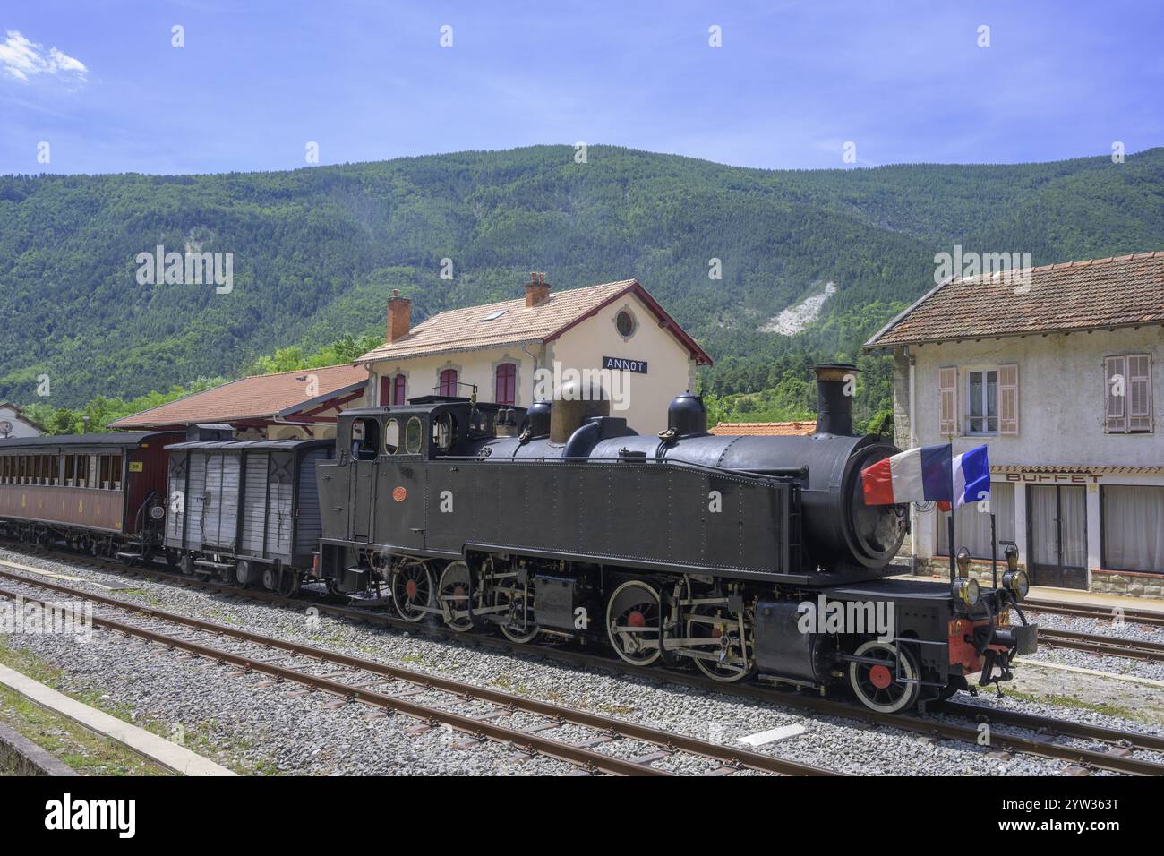 Historic train with steam locomotive at Annot station, Alpes-de-Haute ...