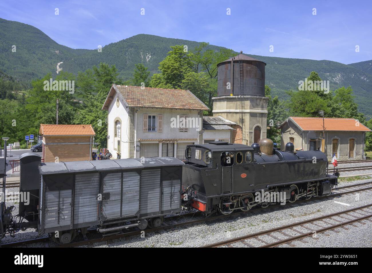Historic train with steam locomotive at Annot station, Alpes-de-Haute ...