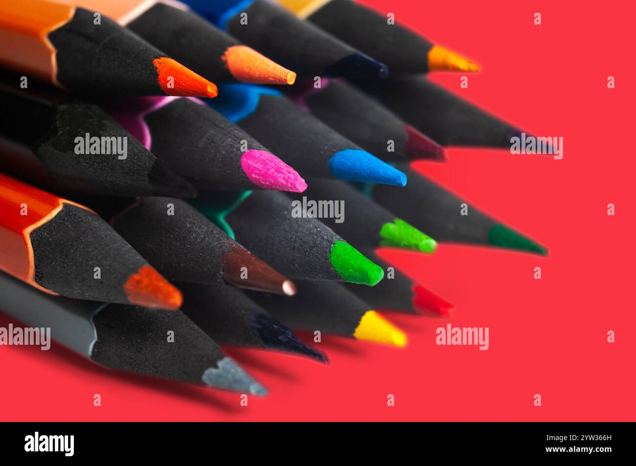 Detailed shot of multiple colored pencils arranged against a vivid red ...