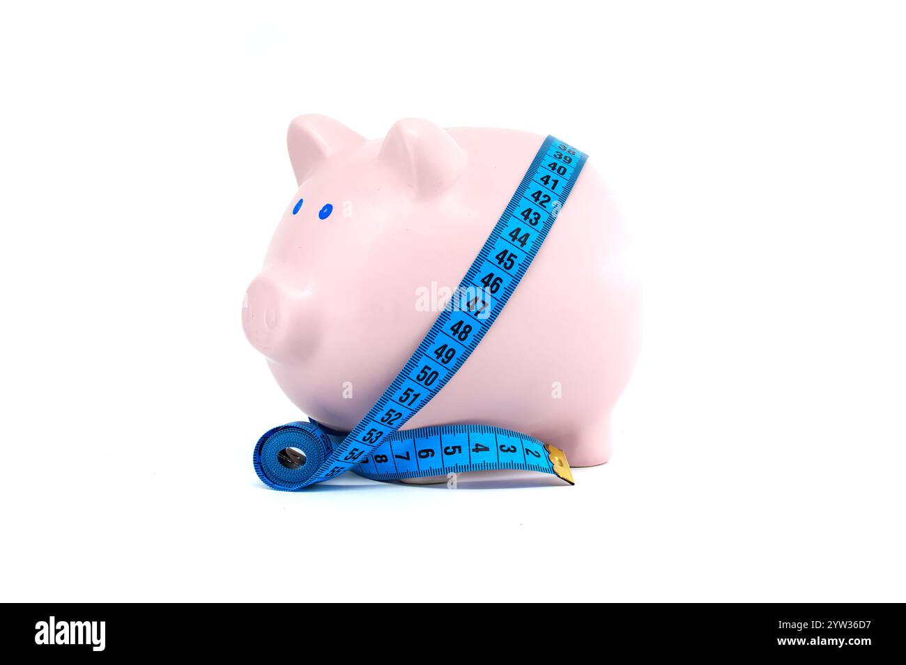 A creative visual of a piggy bank surrounded by a blue measuring tape ...