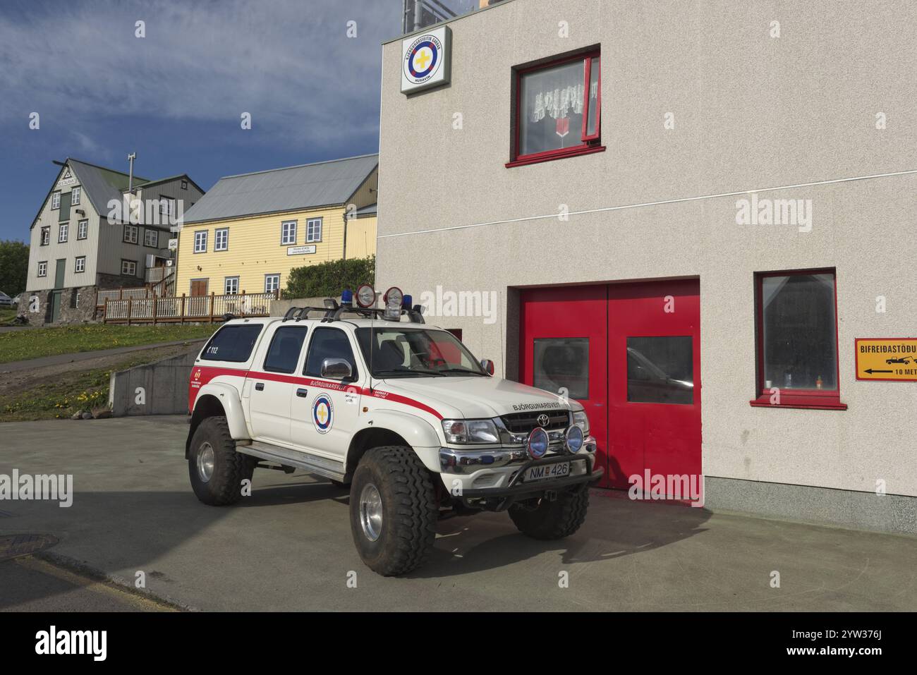 Firefighting and rescue station with rescue vehicle, Husavik, Iceland ...